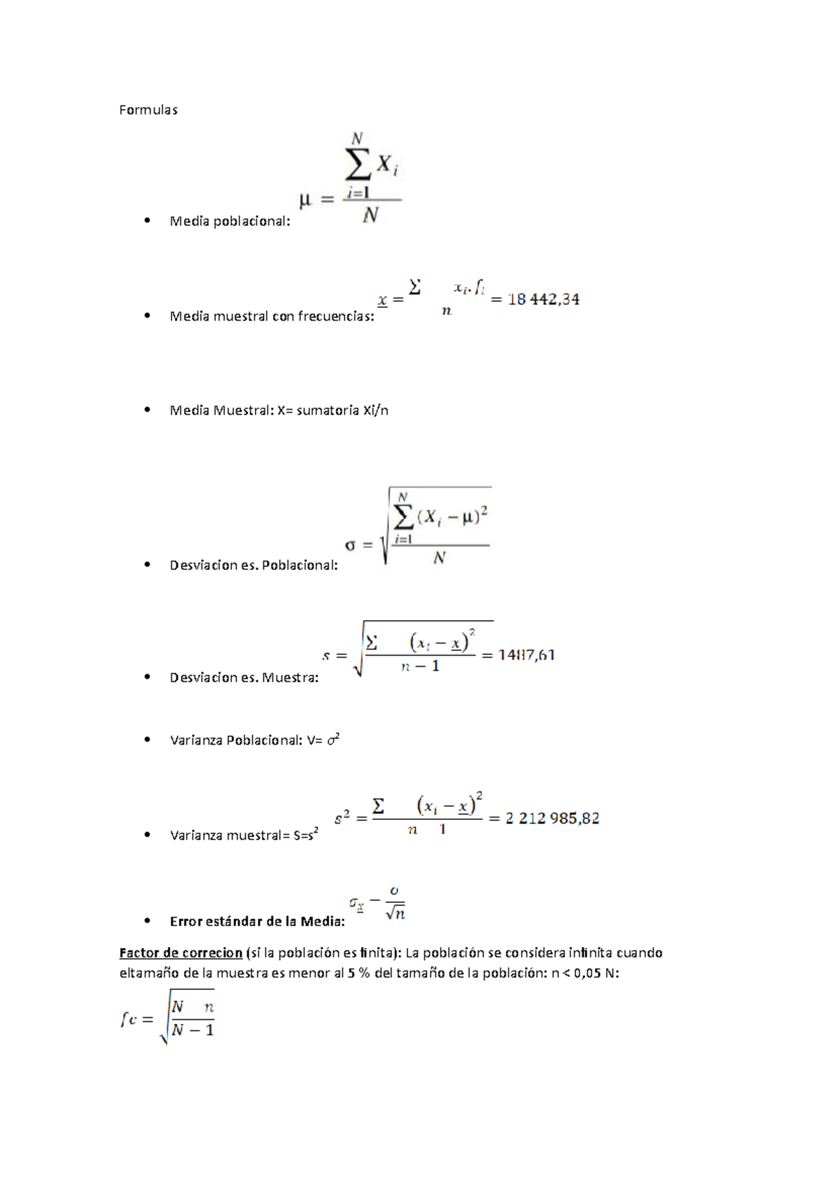 Formulas definitivas - Formulas Media poblacional: Media muestral con ...