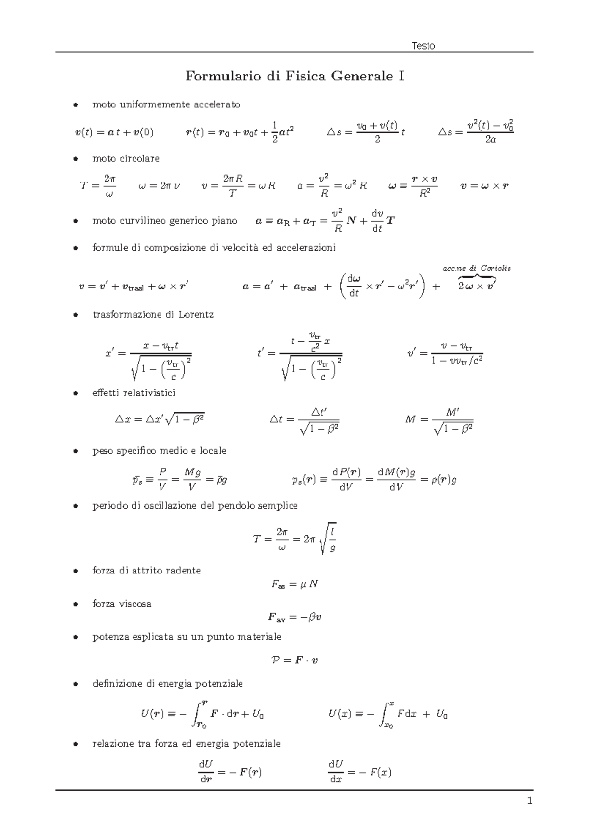 Formulario di Fisica Generale I - Fisica 1 - UniPv - Studocu