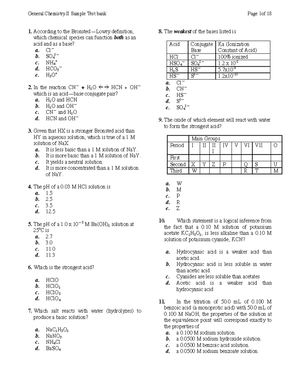 ACS GEN CHEM II Practice Problems - According to the Bronsted—Lowry definition, which chemical ...