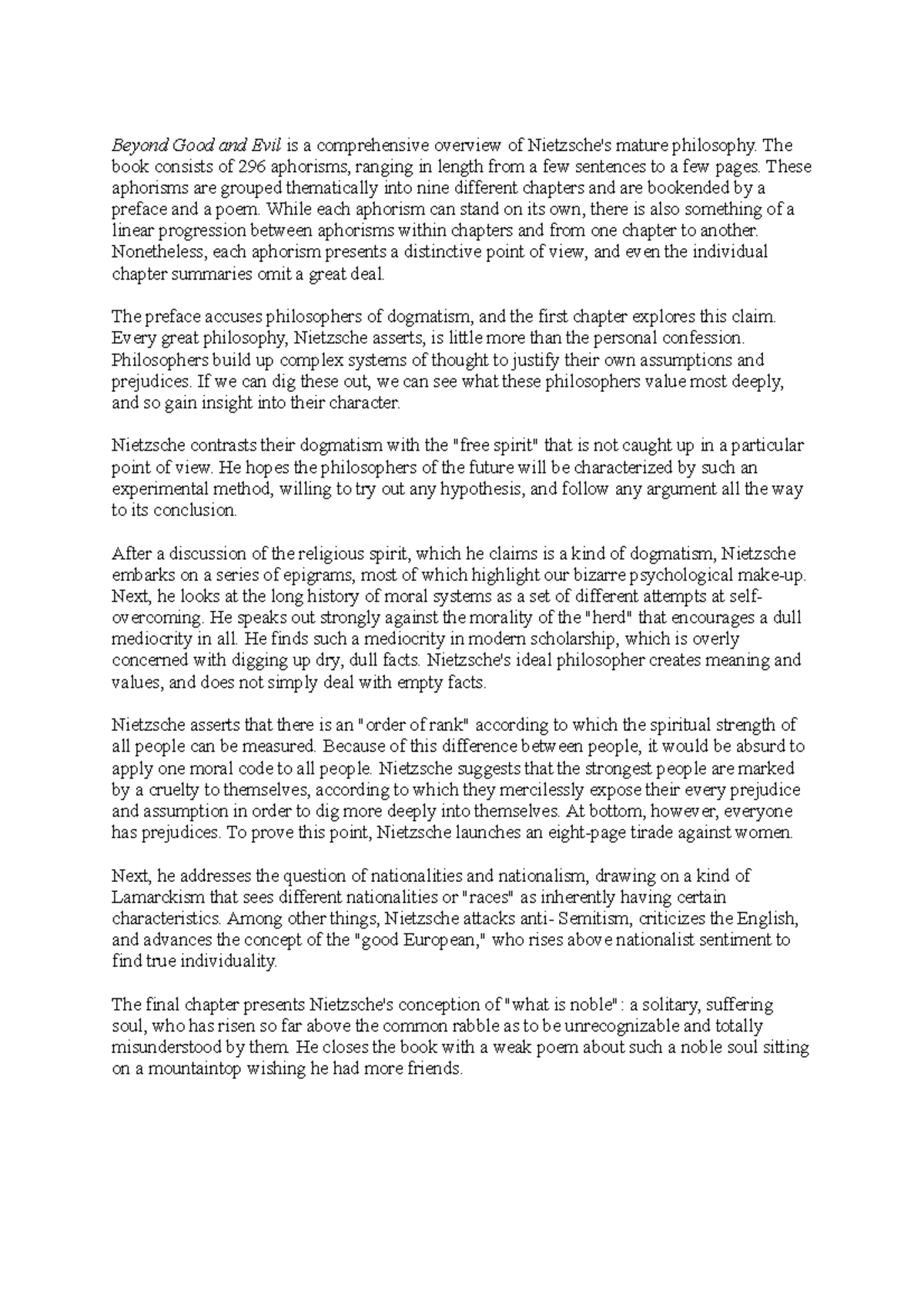 Summary Beyond Good and Evil - Beyond Good and Evil is a comprehensive ...