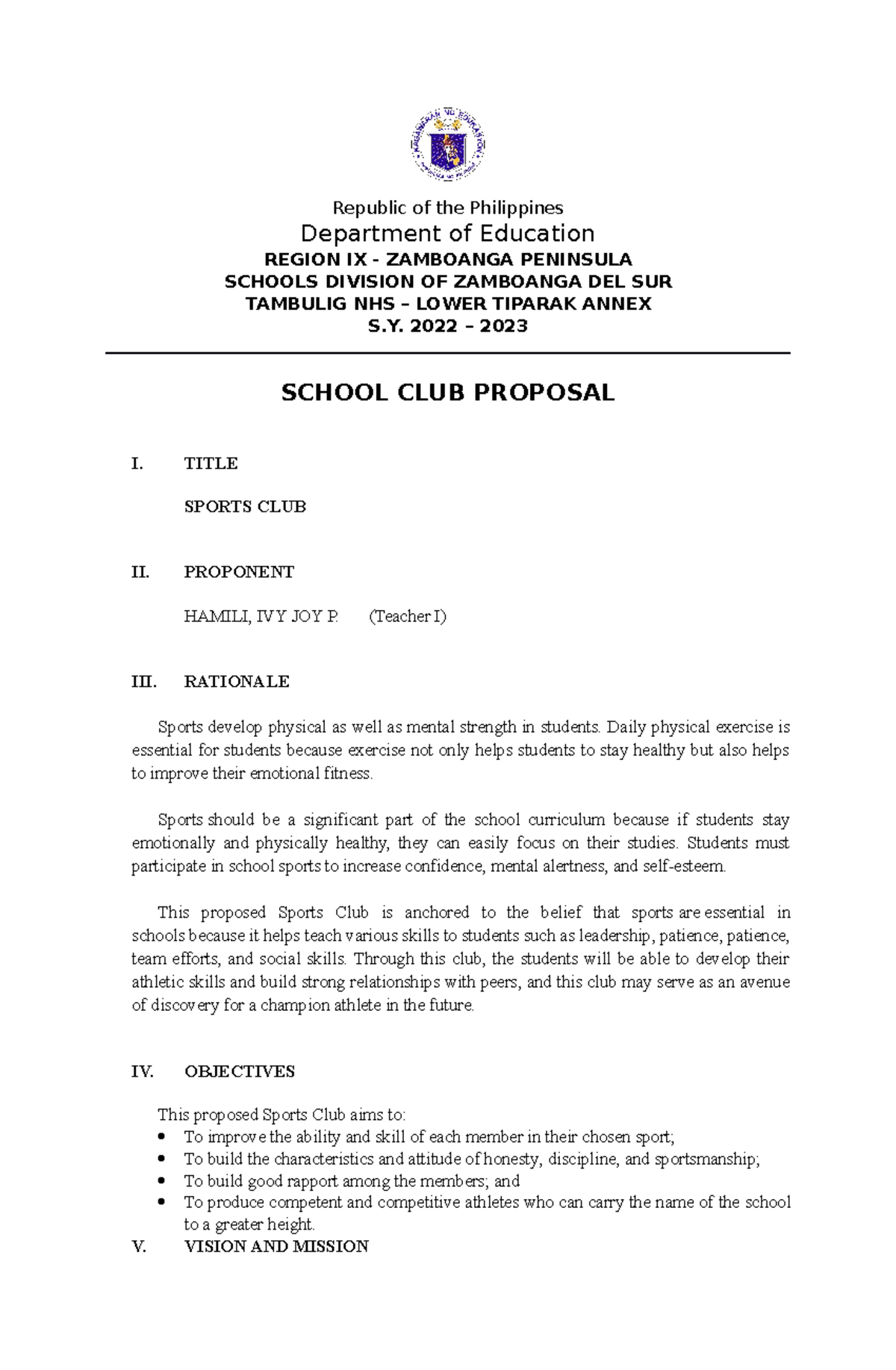 Sports Club Proposal - Please give as much additional information as ...