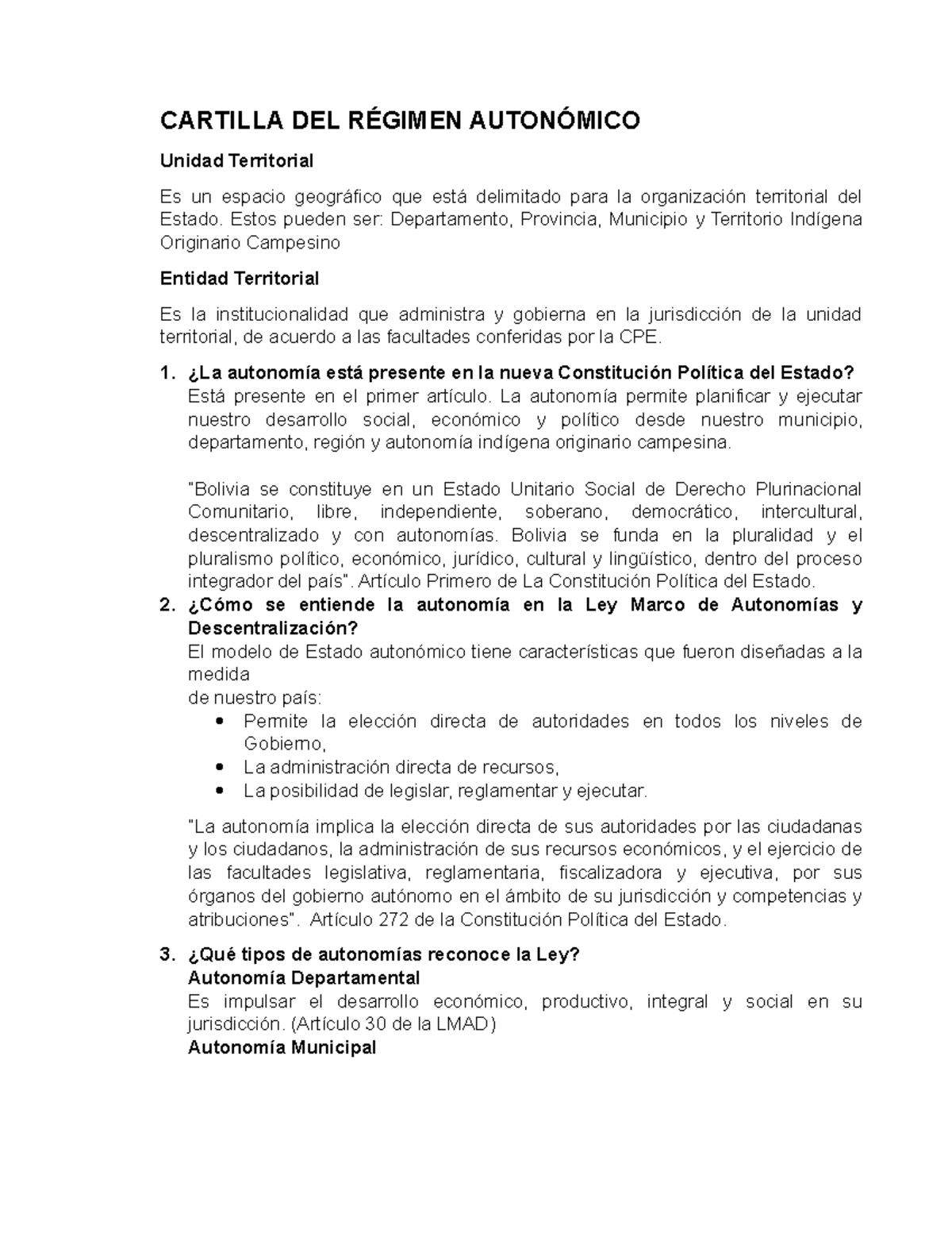 La autonomía en la nueva Constitución Política del Estado - CARTILLA ...