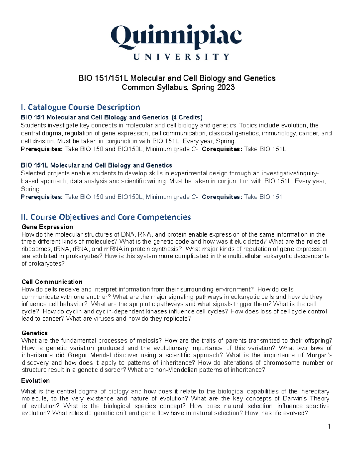 BIO151 151L 2023MWF - Notes - BIO 151/151L Molecular and Cell Biology ...