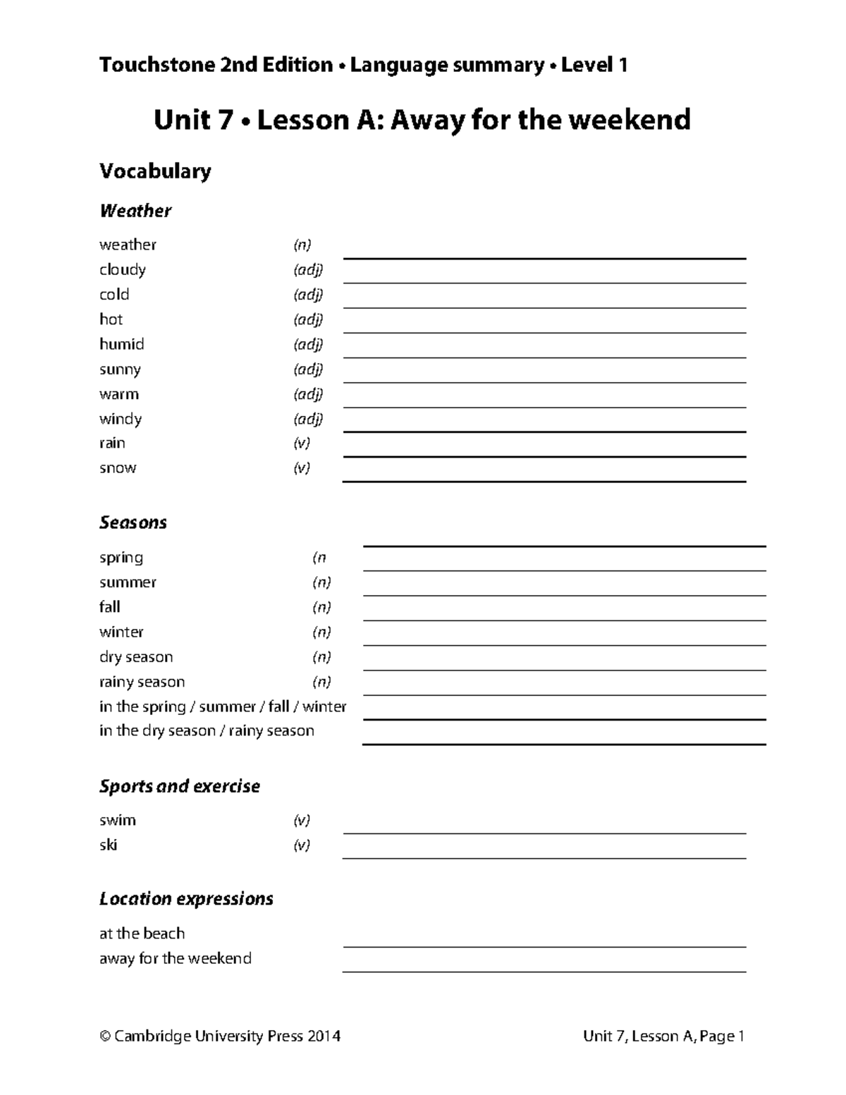 TS2e L1 U7 LA Langsum - lesiones - Touchstone 2nd Edition • Language summary • Level 1 Unit 7 ...