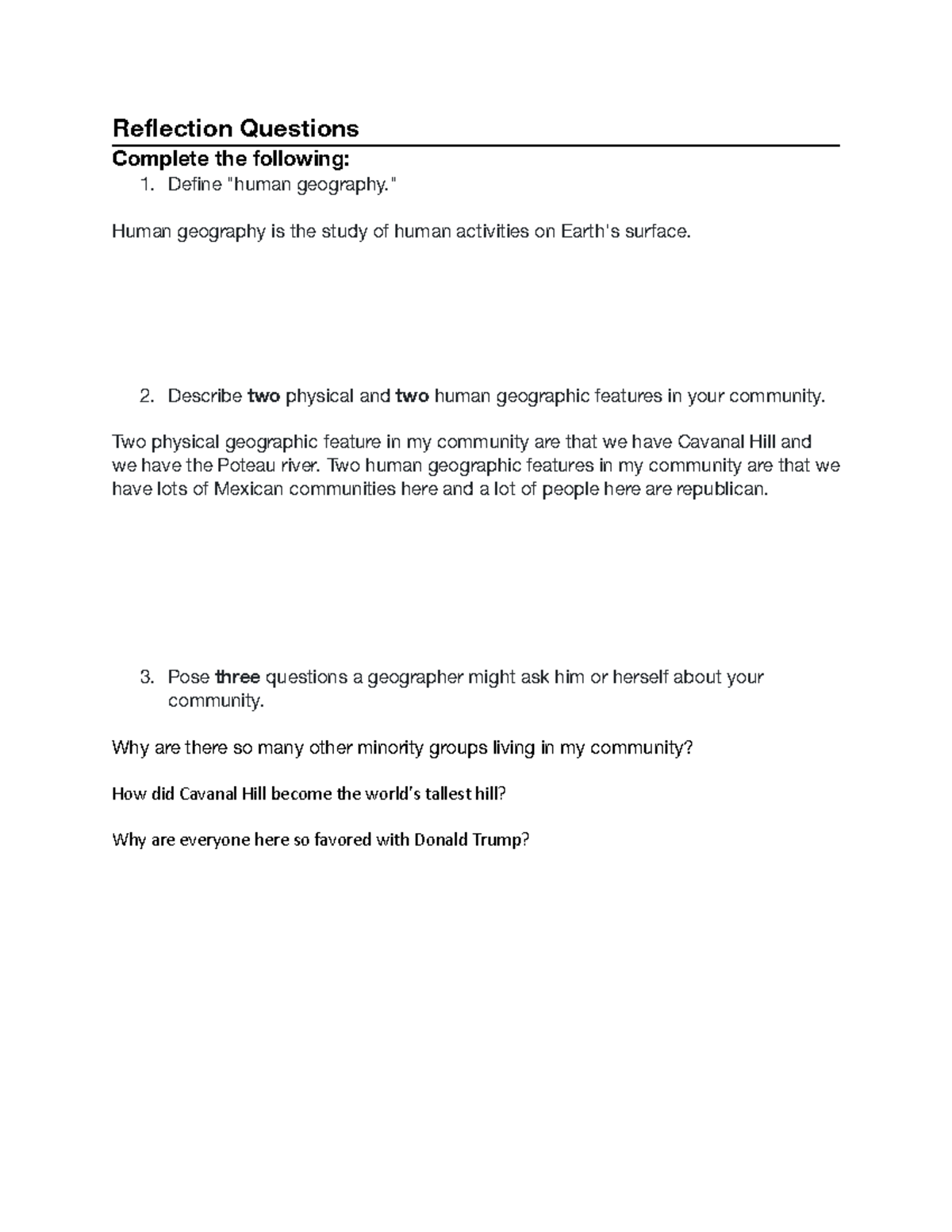Geography reflectionq - Reflection Questions Complete the following ...