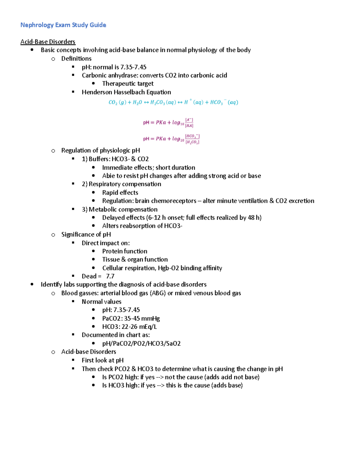 Nephrology Exam Study Guide - Nephrology Exam Study Guide Acid-Base ...