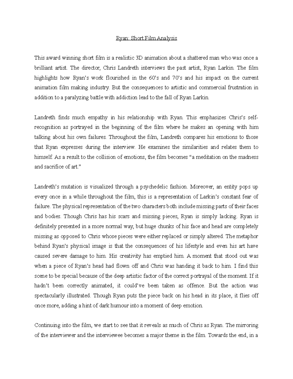 Ryan Short Film Analysis - Ryan: Short Film Analysis This award winning ...