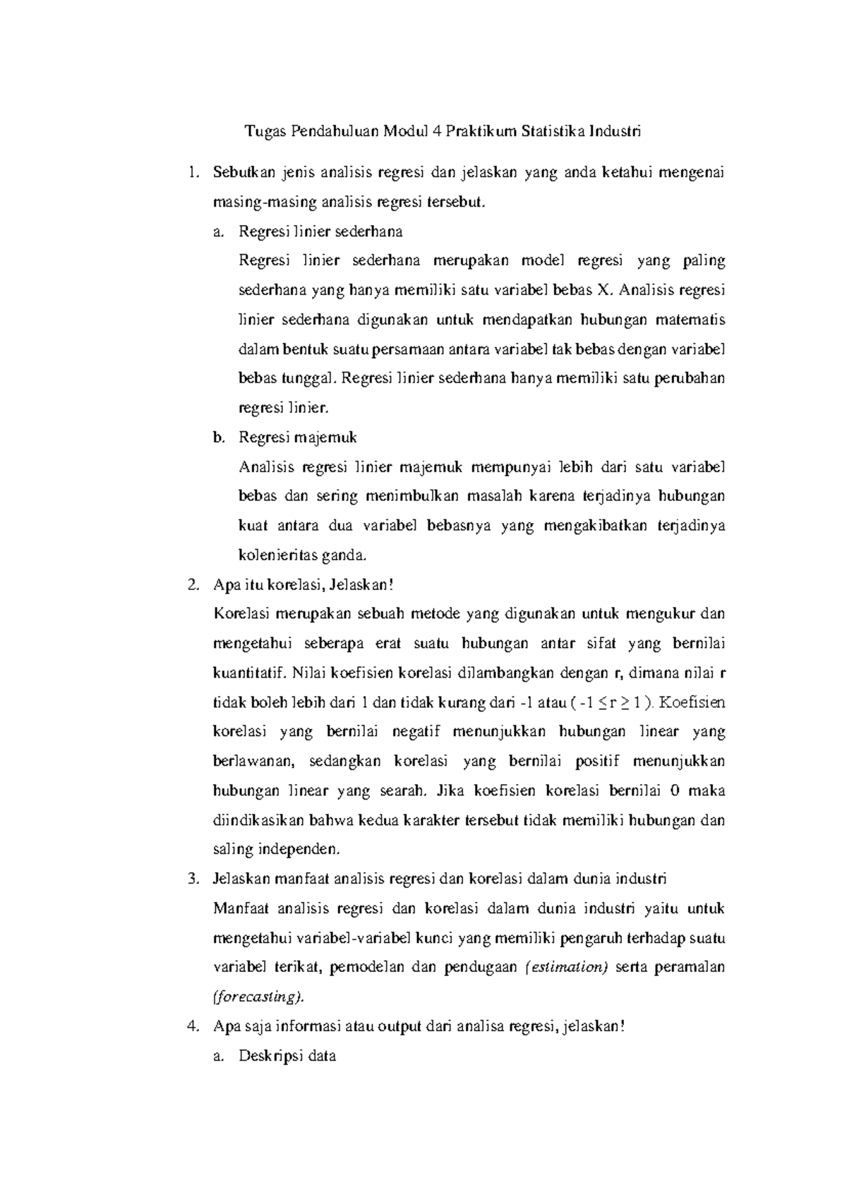 pendahuluan 4 statistika industri - analisis regresi - Tugas Pendahuluan Modul 4 Praktikum - Studocu