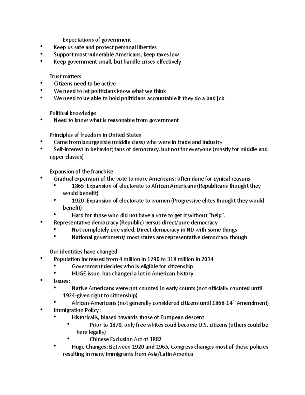 Pols115 notes - all lectures - Expectations of government Keep us safe ...