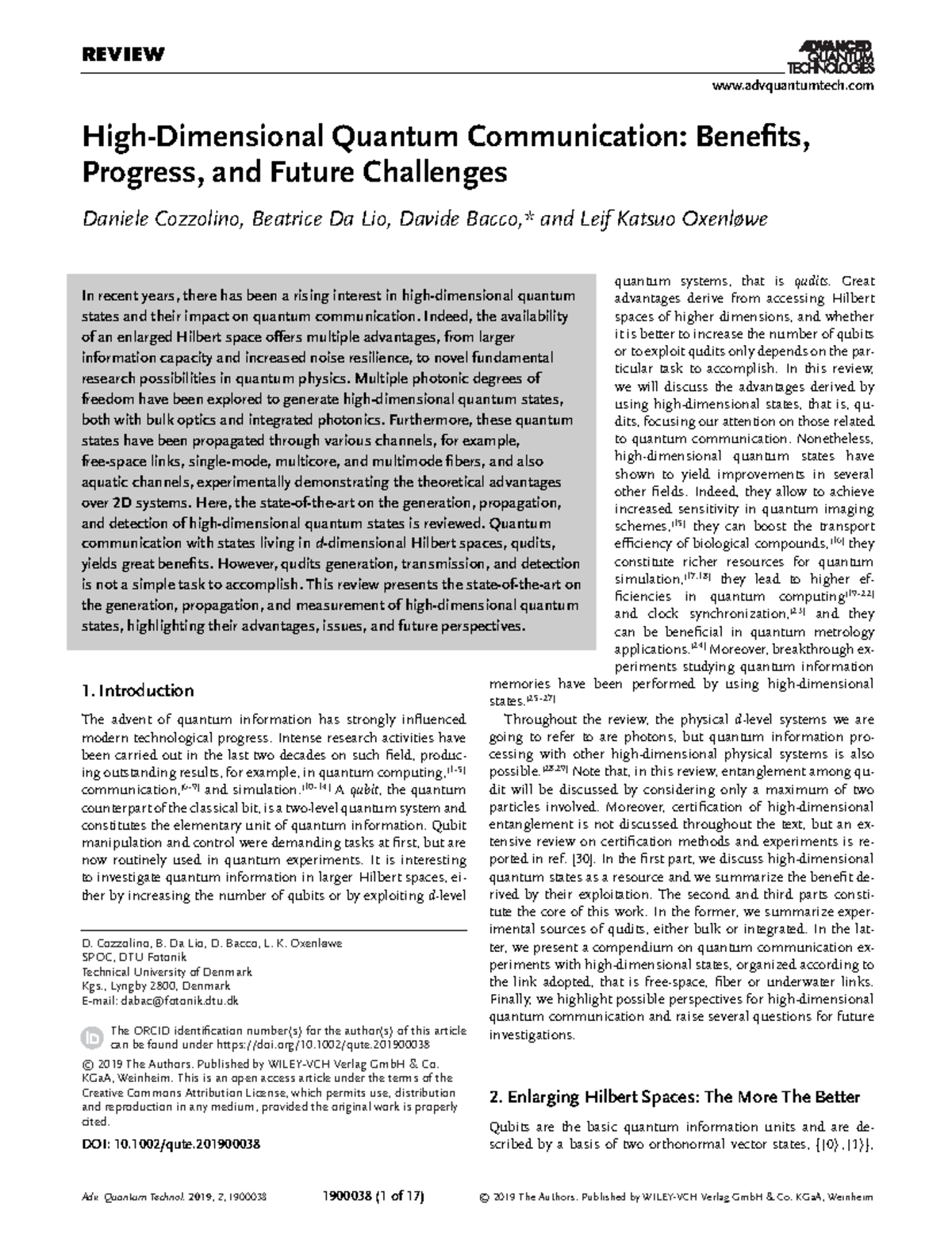 Adv Quantum Tech - 2019 - Cozzolino - High%E2%80%90Dimensional Quantum ...