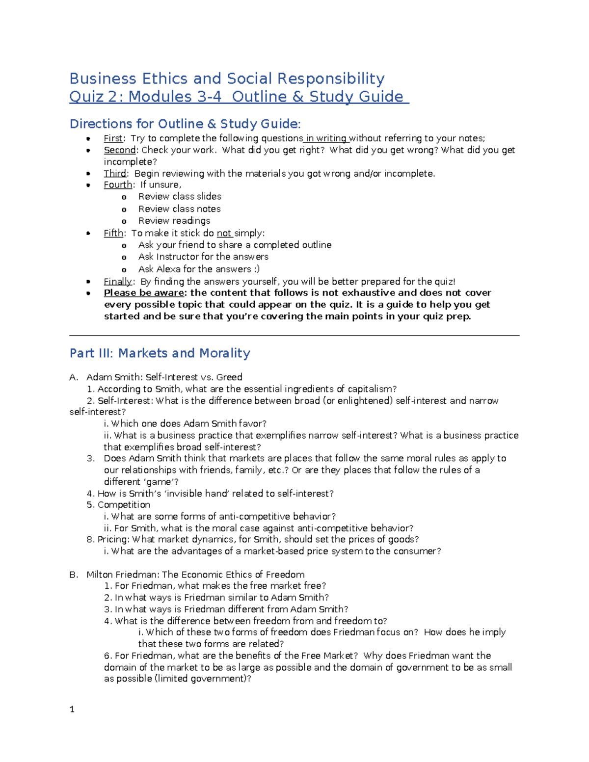 Quiz 2 Outline, Study Guide (no Merck) - Business Ethics and Social ...