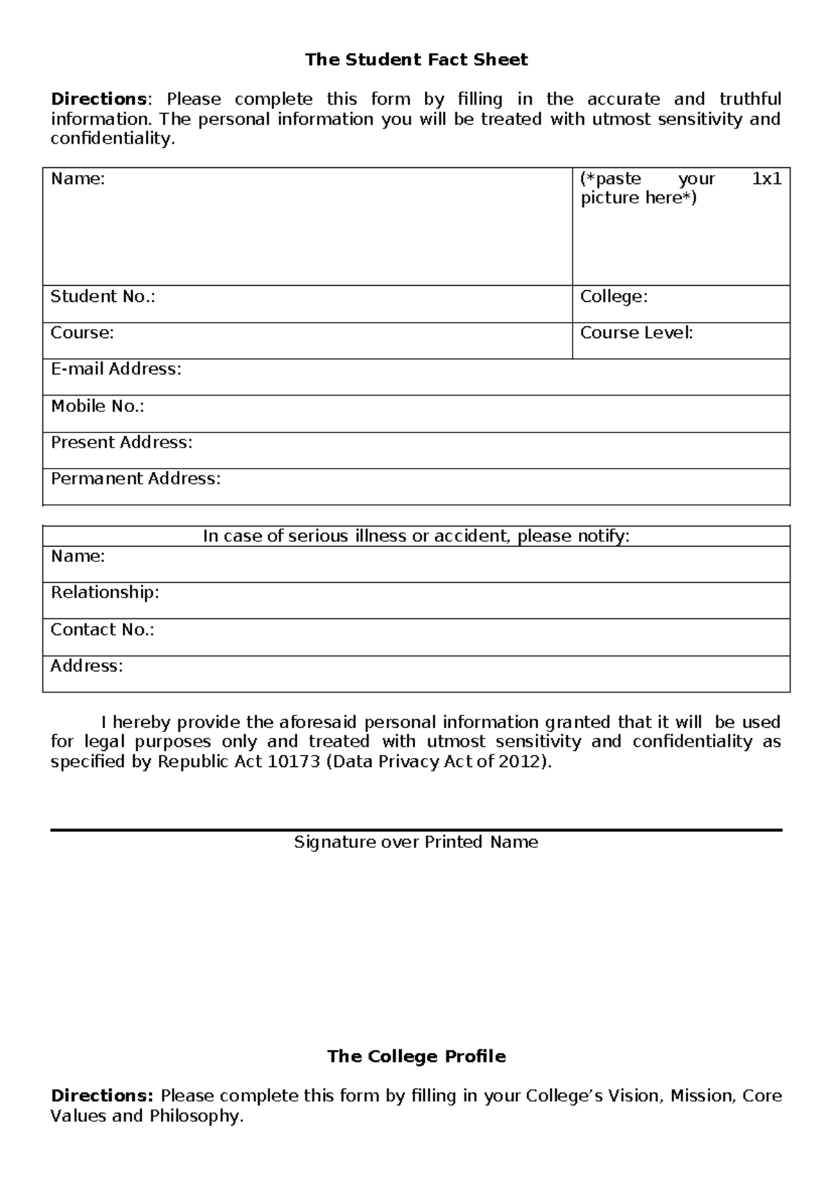 Student Profile.1st activity - The Student Fact Sheet Directions ...