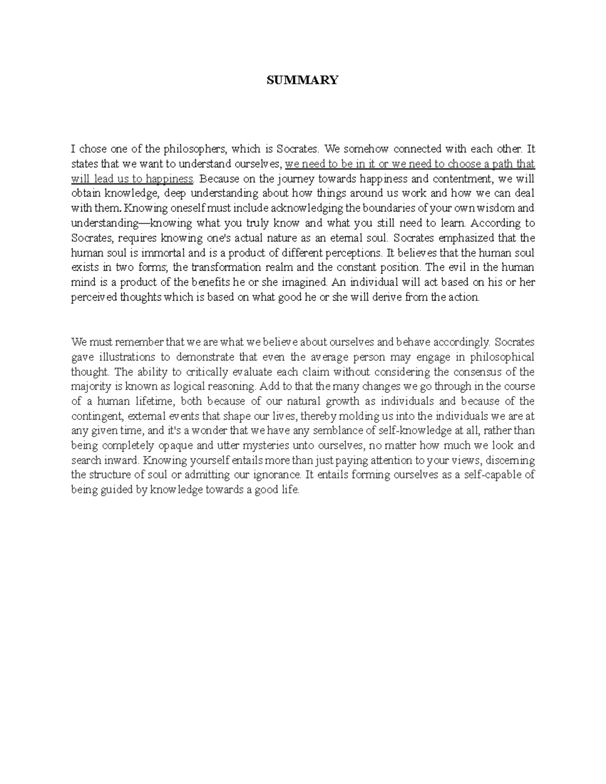 Understanding SELF (summary) 1 - SUMMARY I chose one of the ...