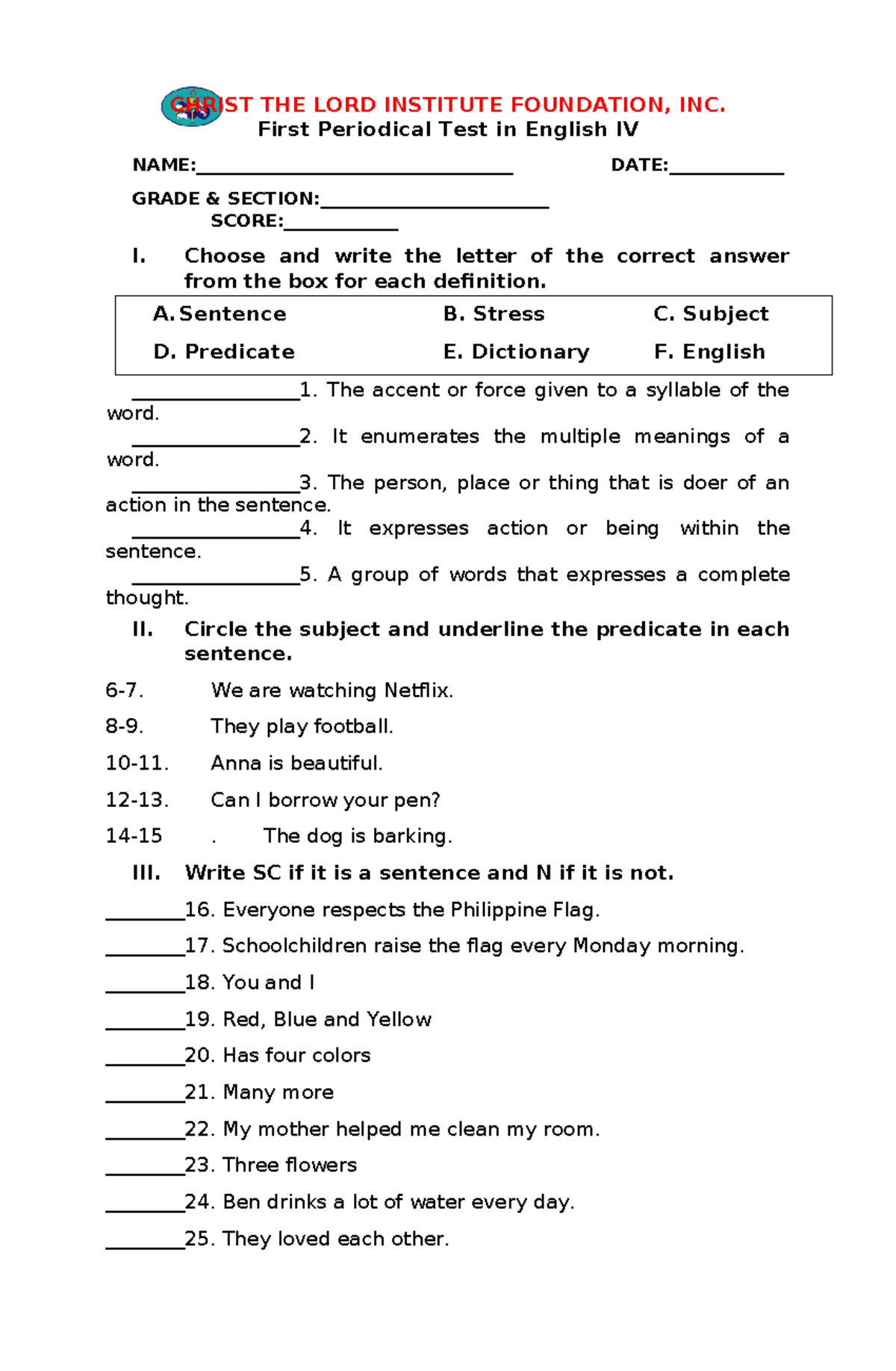 G4 English - acad test - CHRIST THE LORD INSTITUTE FOUNDATION, INC ...