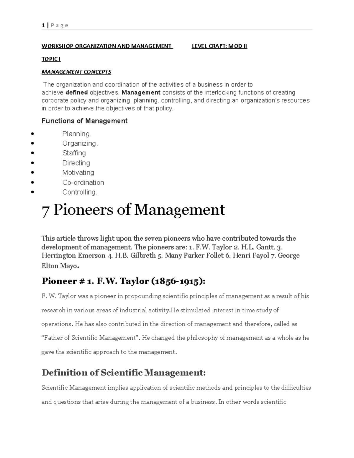 Workshop Organization AND Management - WORKSHOP ORGANIZATION AND ...