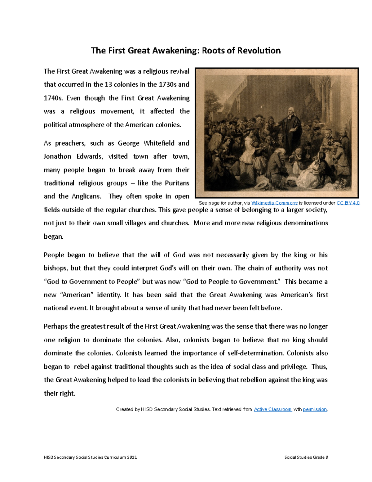 SS8 Great Awakening Reading Unit 1 - The First Great Awakening: Roots ...