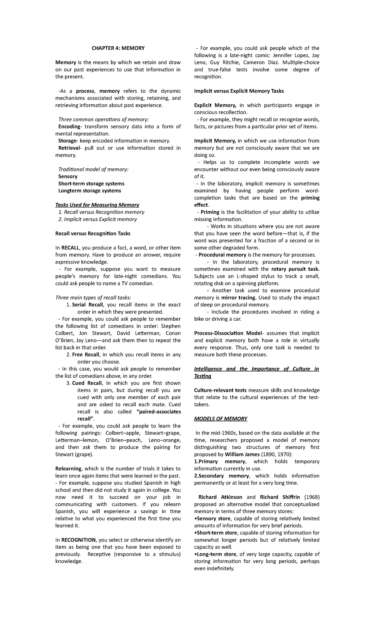 Cognitive Psychology chapter 5 notes - CHAPTER 4: MEMORY Memory is the ...