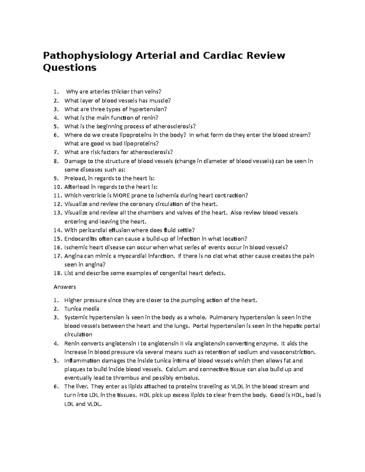 Pathophysiology Arterial and Cardiac Review Questions - Pathophysiology ...