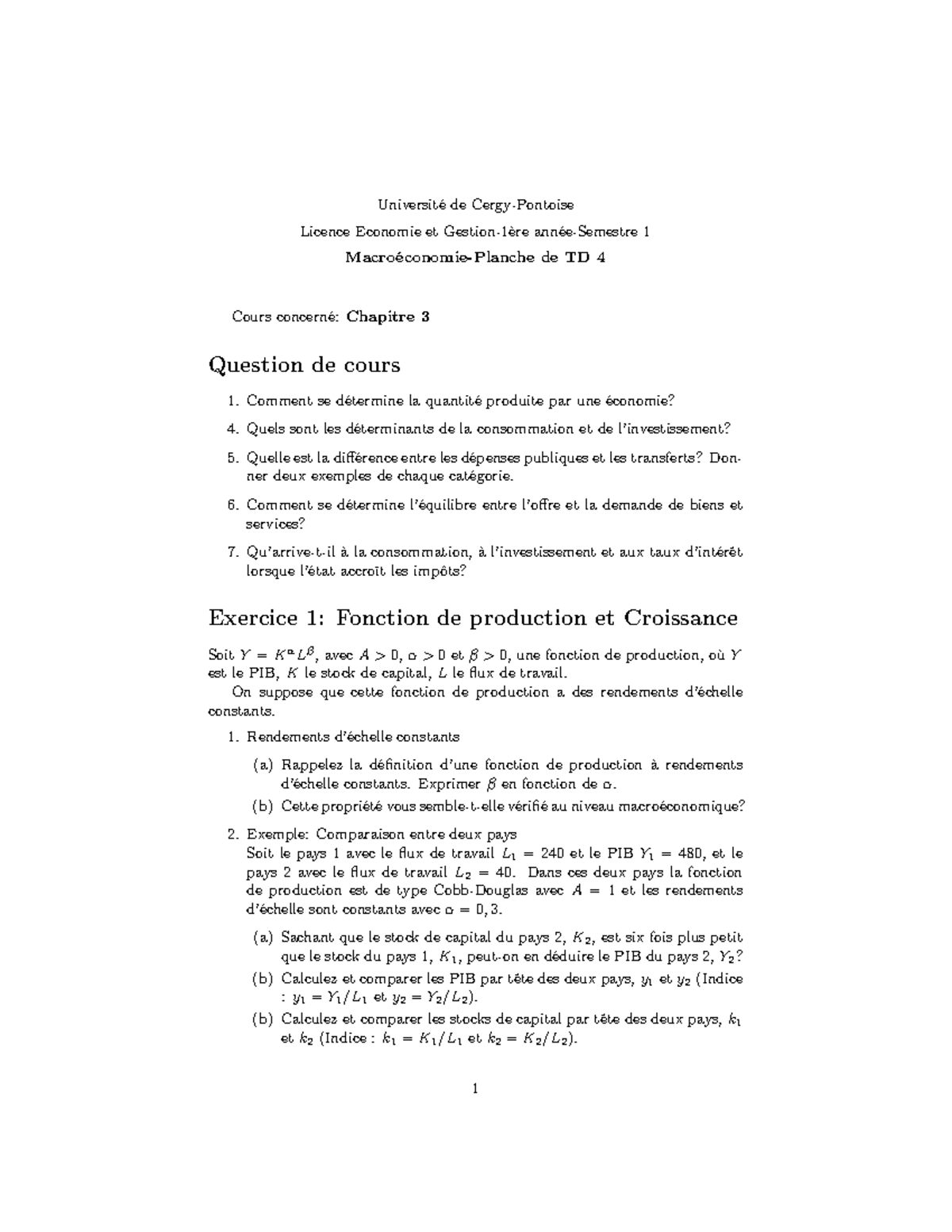TD4 - rgggh - Université de Cergy-Pontoise Licence Economie et Gestion-1ère année-Semestre 1 ...
