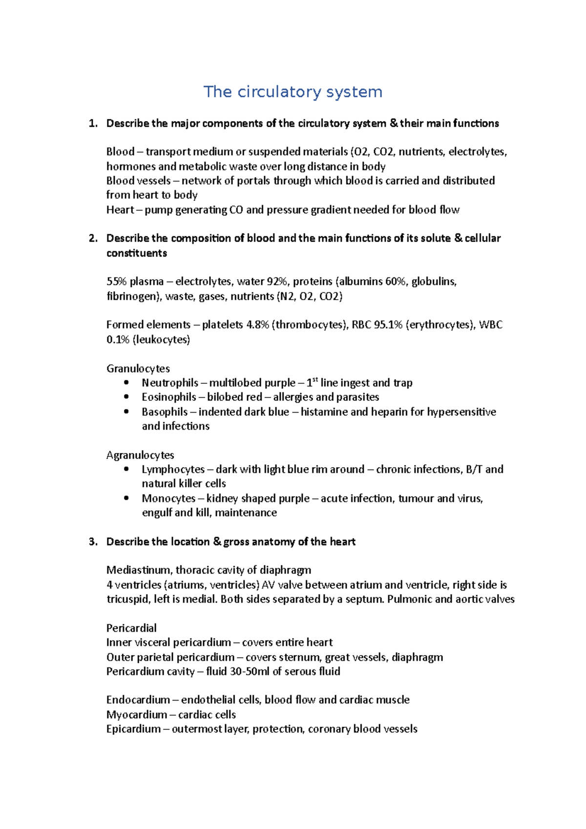 The circulatory system answers - The circulatory system Describe the ...