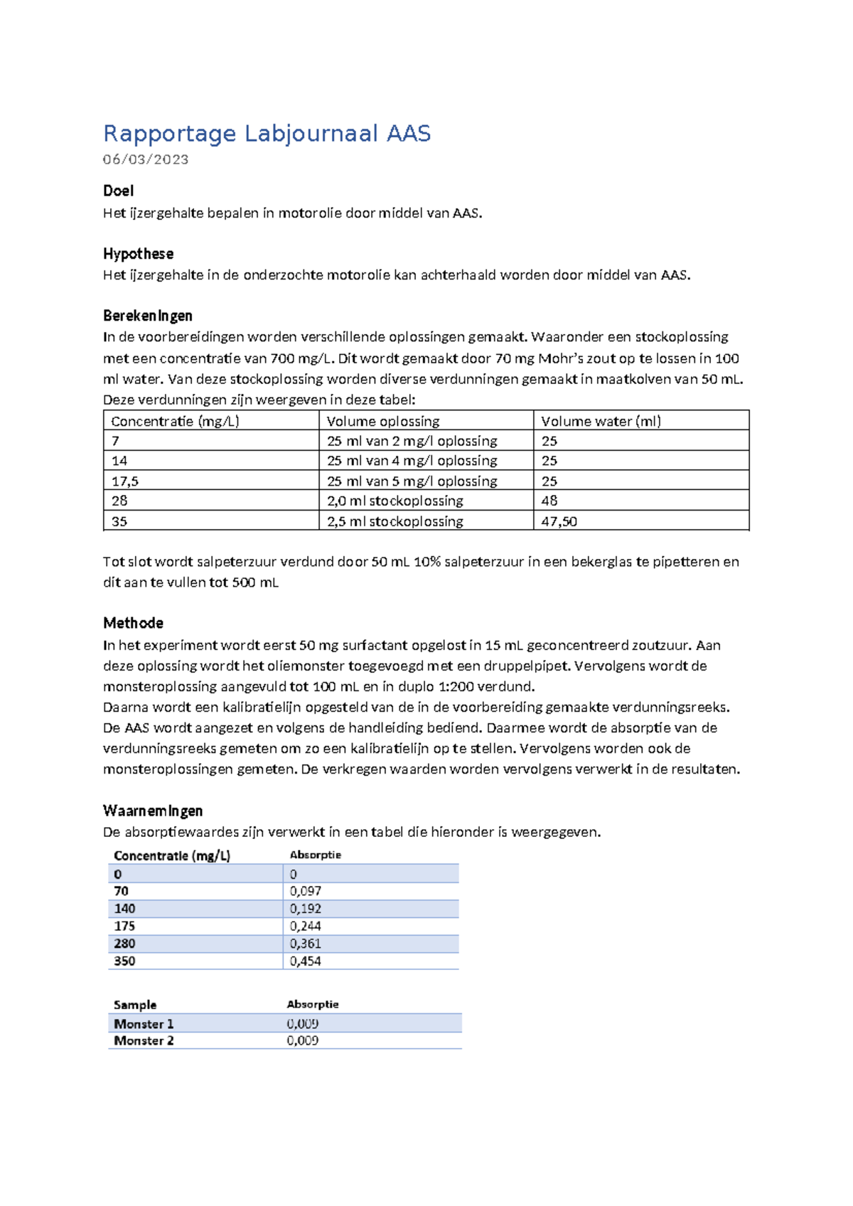 Rapportage Labjournaal AAS - Rapportage Labjournaal AAS 06/03/ Doel Het ...