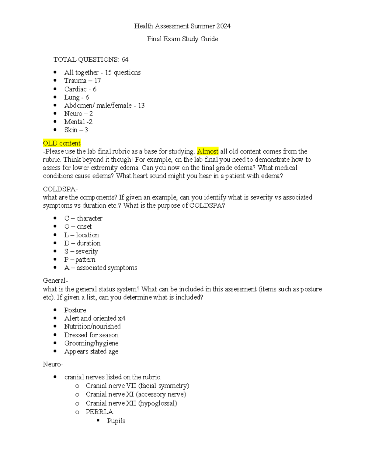 Final Exam Study Guide - Practice - Health Assessment Summer 2024 Final ...