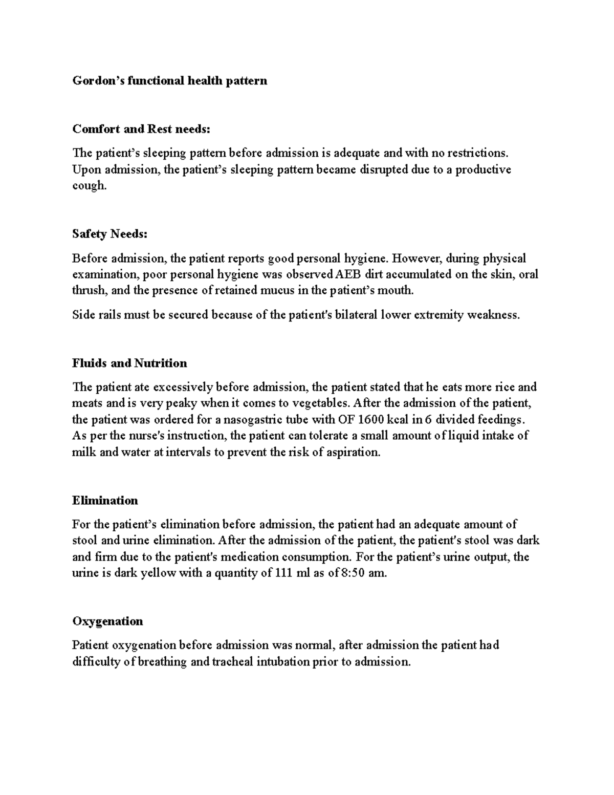 Gordon's changesshet - Gordon's 11 functional health pattern - Gordon’s ...