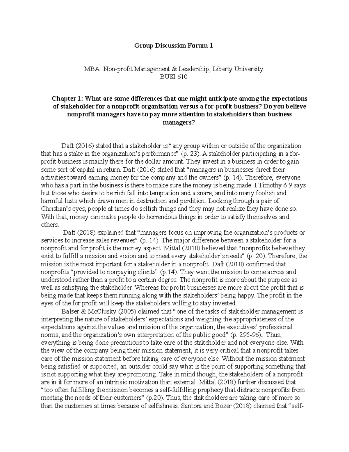 BUSI 610 - Discussion forum. - Group Discussion Forum 1 MBA: Non-profit ...