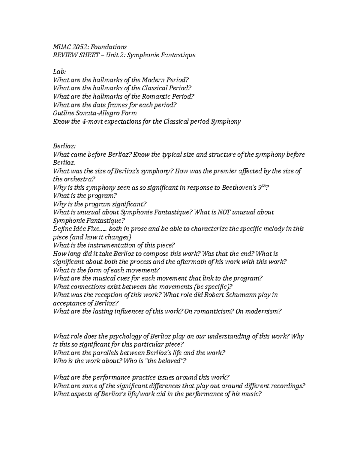 Review -unit 2 - Berlioz - MUAC 2052: Foundations REVIEW SHEET – Unit 2 ...