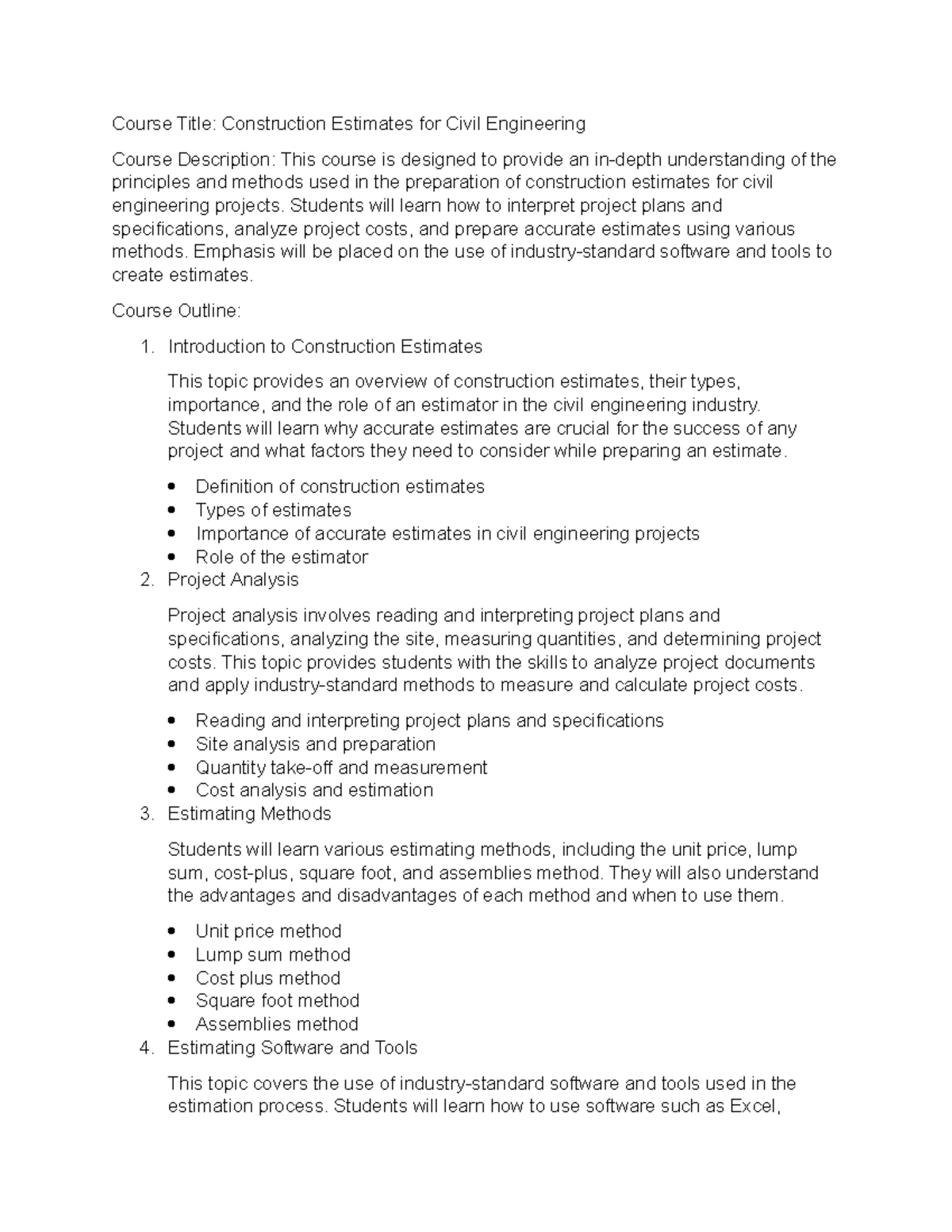 Course Syllabus Estimates - Course Title: Construction Estimates for ...
