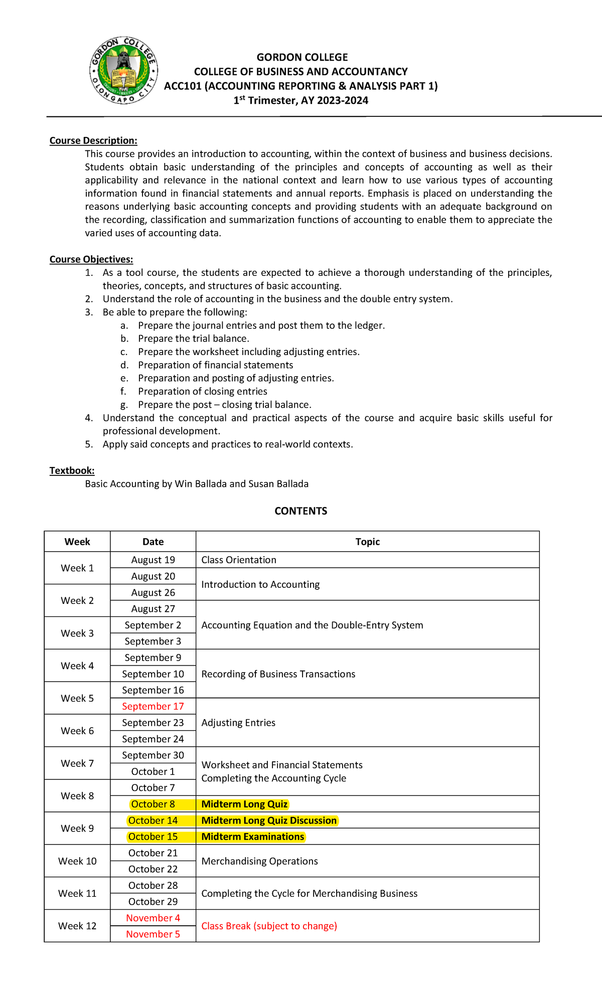 Accounting and Reporting Analysis 1 - FY23 1st Semester Schedule and ...
