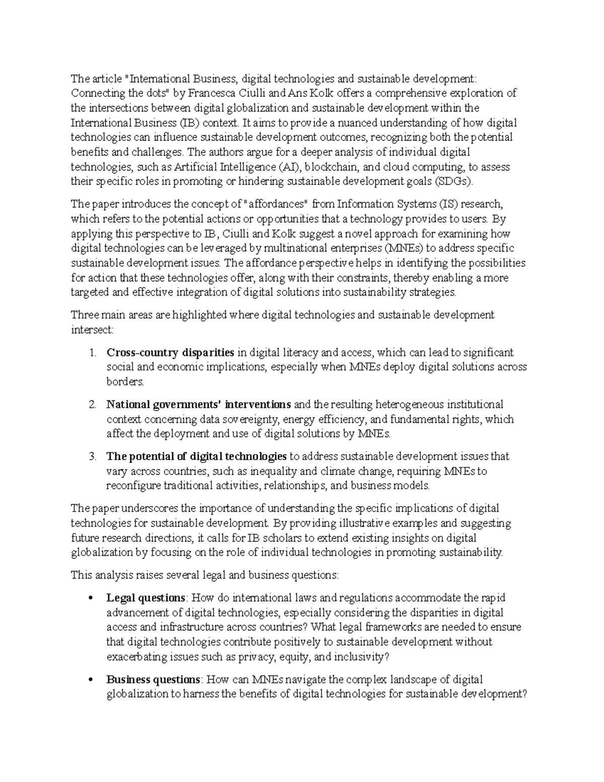 The article - Summary business managemant - The article "International ...