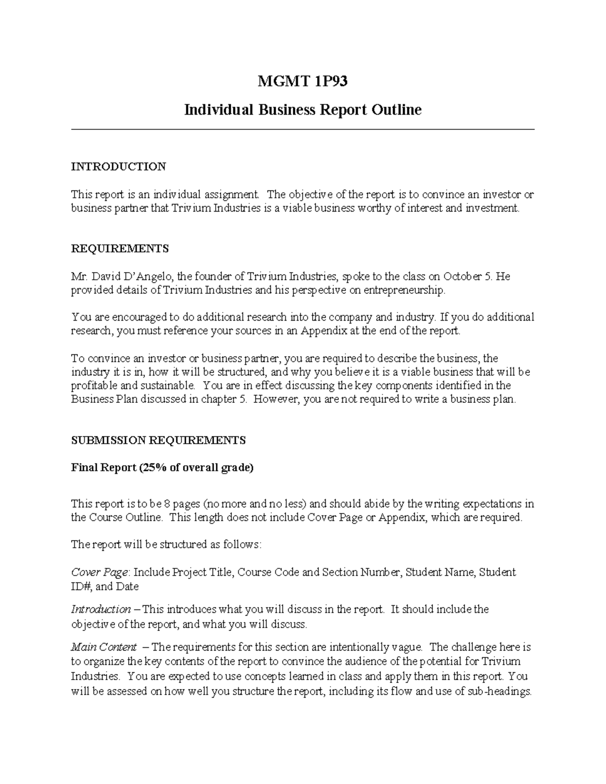 Individual Report Outline - MGMT 1P Individual Business Report Outline ...
