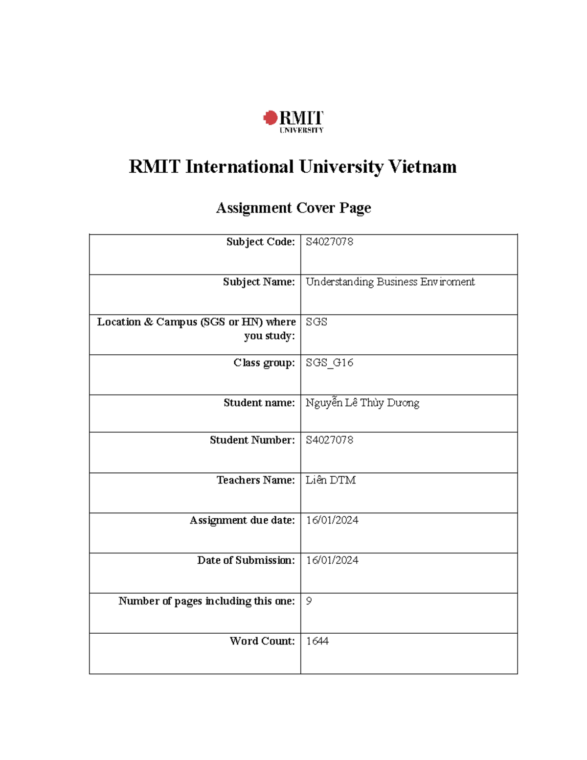 Assignment 3 BUSM2565 SGS-16 s4027078 - RMIT International University ...