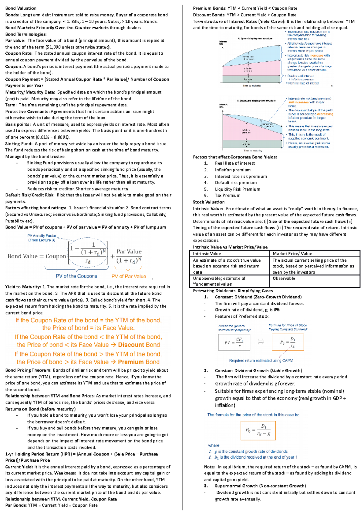 Quiz 2 Cheatsheet - Bond Valuation Bonds: Long term debt instrument ...