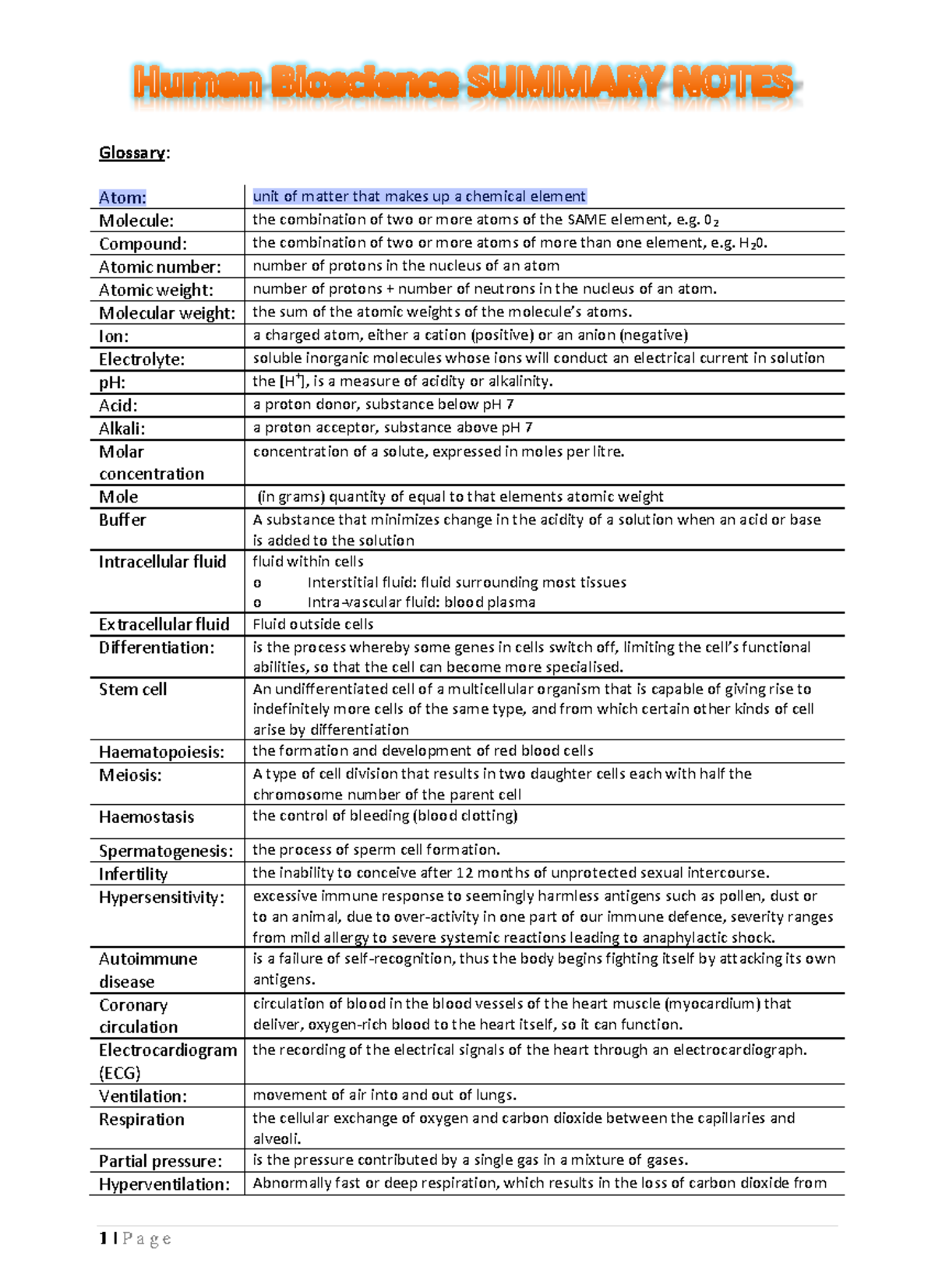 Summary note 1 - good notes - Glossary: Atom: unit of matter that makes ...