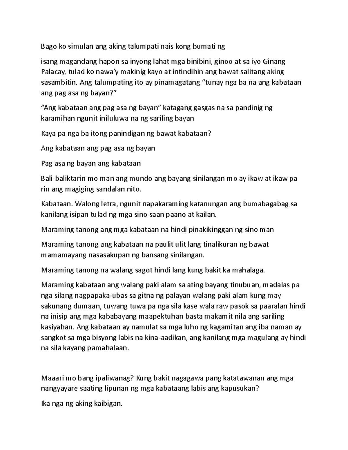 Talumpati example - Bago ko simulan ang aking talumpati nais kong ...