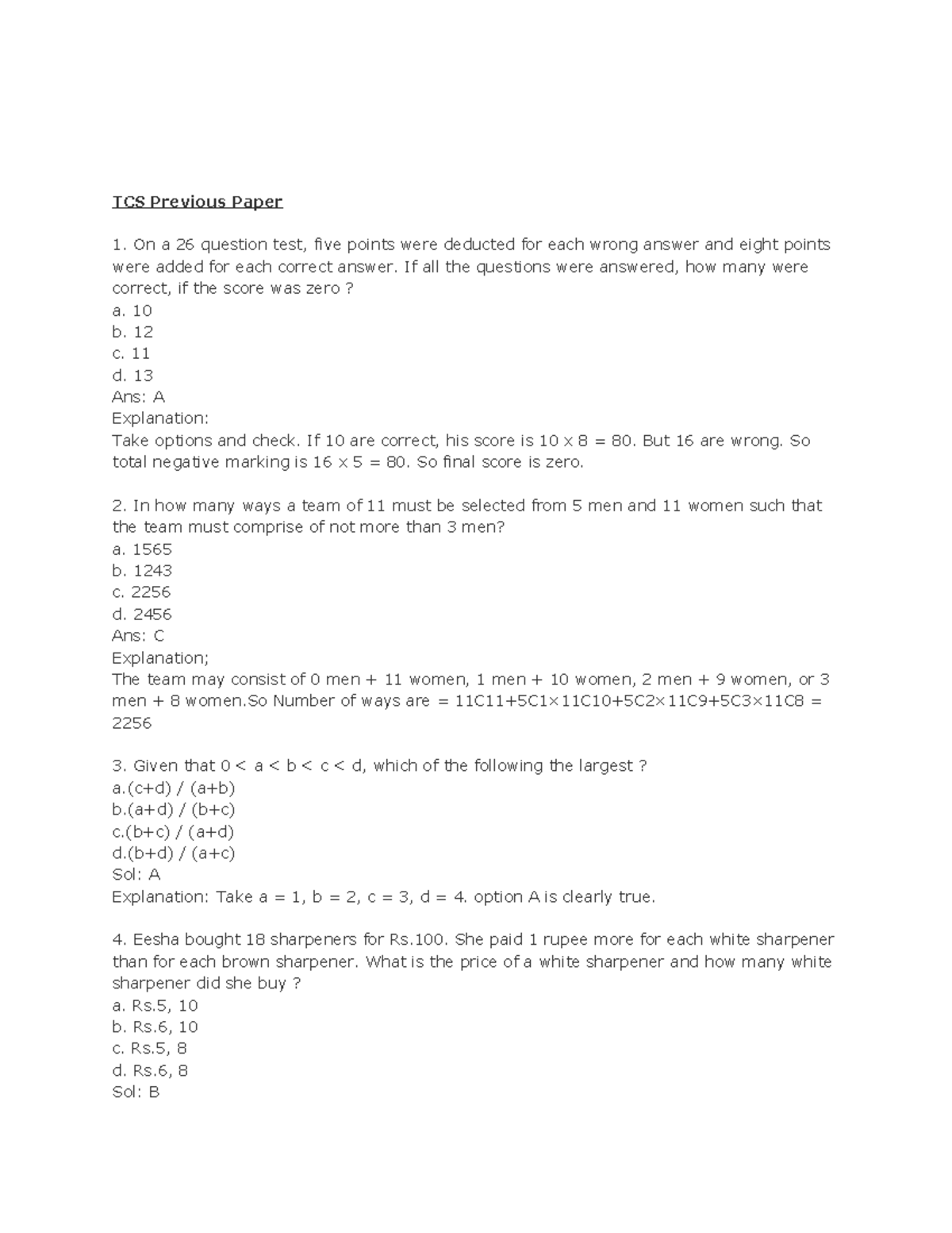 TCS Previous Paper - TCS Previous Paper On a 26 question test, five ...