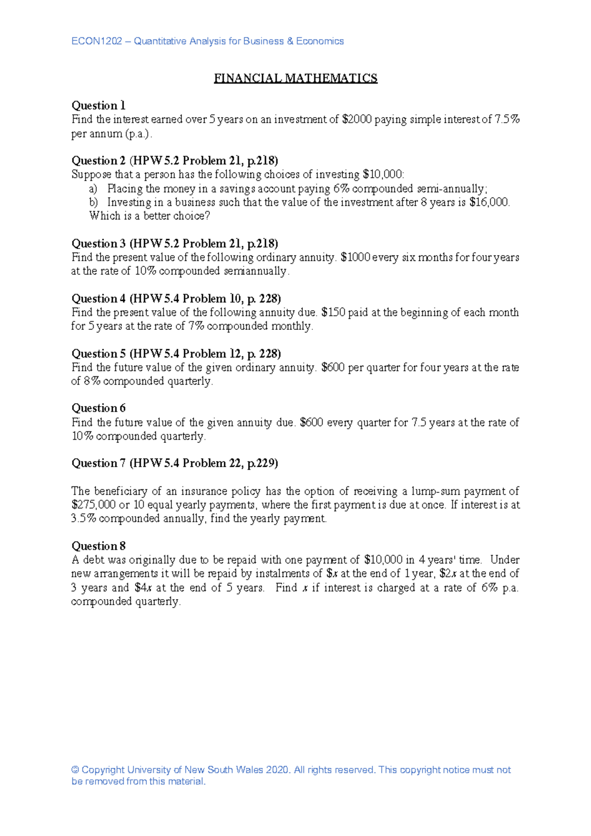 Week 2 3 - Financial Mathematics - Warning: TT: undefined function: 32 ECON1202 – Quantitative ...
