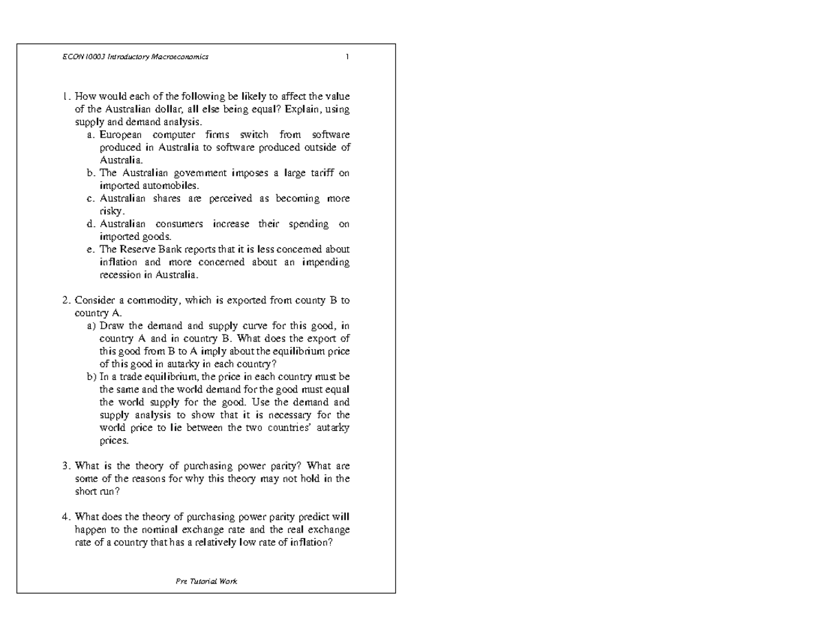 T10 Pretutorial 2019 - ECON10003 Introductory Macroeconomics Pre Tutorial Work 1 How would each ...