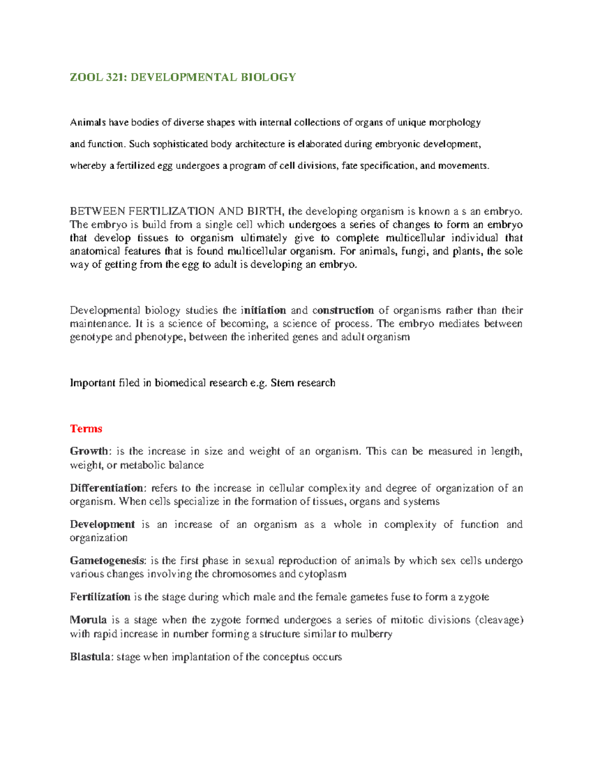ZOOL 321 DEVT. BIO - Developmental Biology notes - ZOOL 321 ...