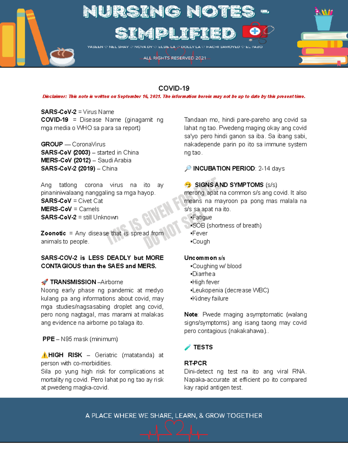 Covid-19 - health teachings - COVID- Disclaimer: This note is written ...