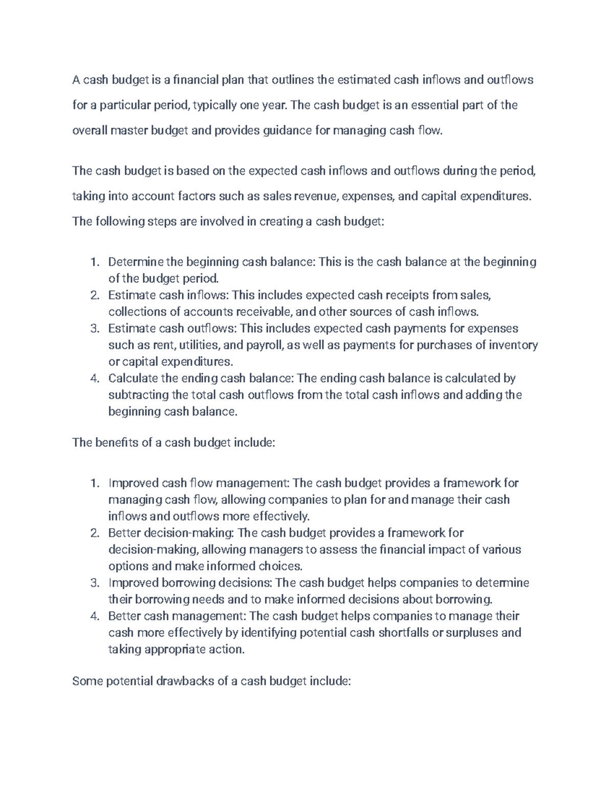 Cash budget notes - A cash budget is a financial plan that outlines the ...