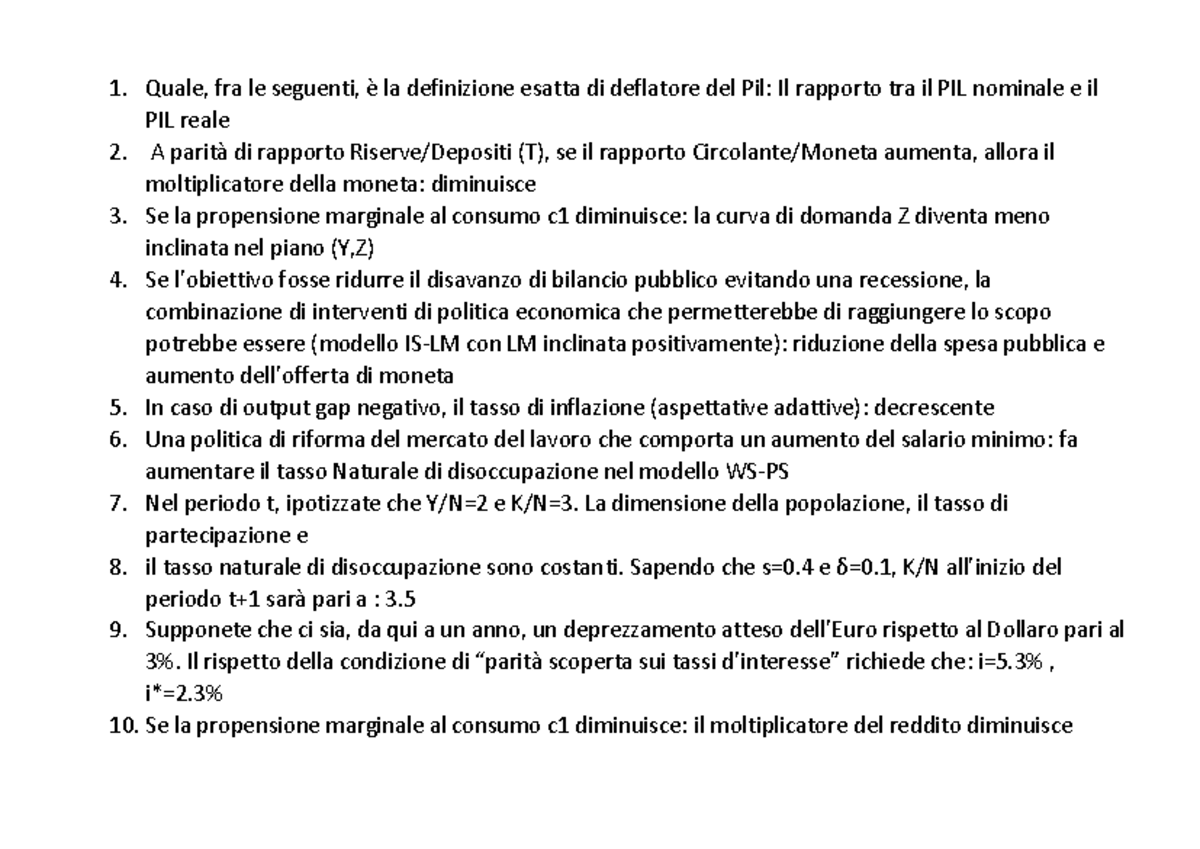 Domande e risposte appelli macroeconomia - Warning: TT: undefined function: 32 Warning: TT ...
