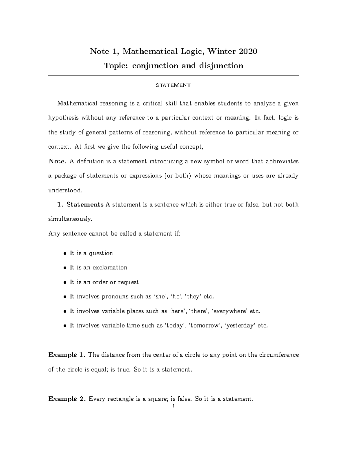 Notepc 1 - conjunction and disjunction - Note 1, Mathematical Logic ...