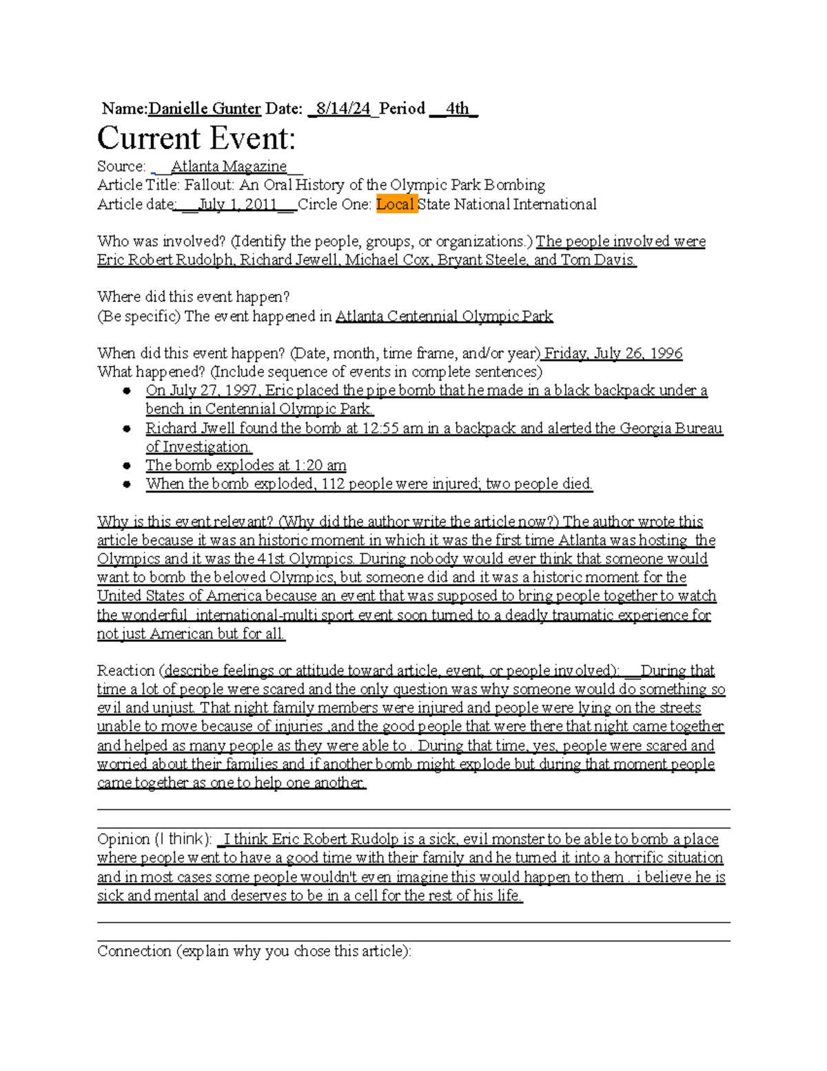 Copy of Current Event - Giving class work - Name:Danielle Gunter Date ...