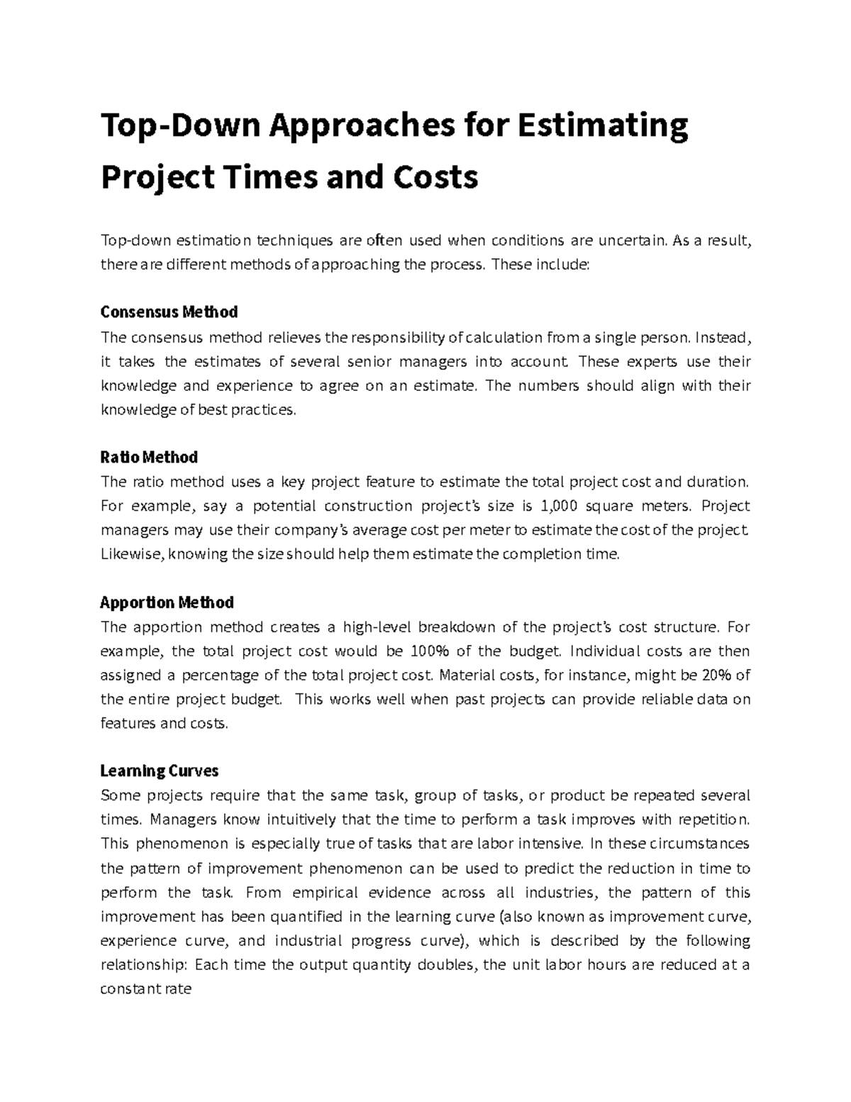 Top-Down Approaches for Estimating Project Times and Costs - Top-Down ...