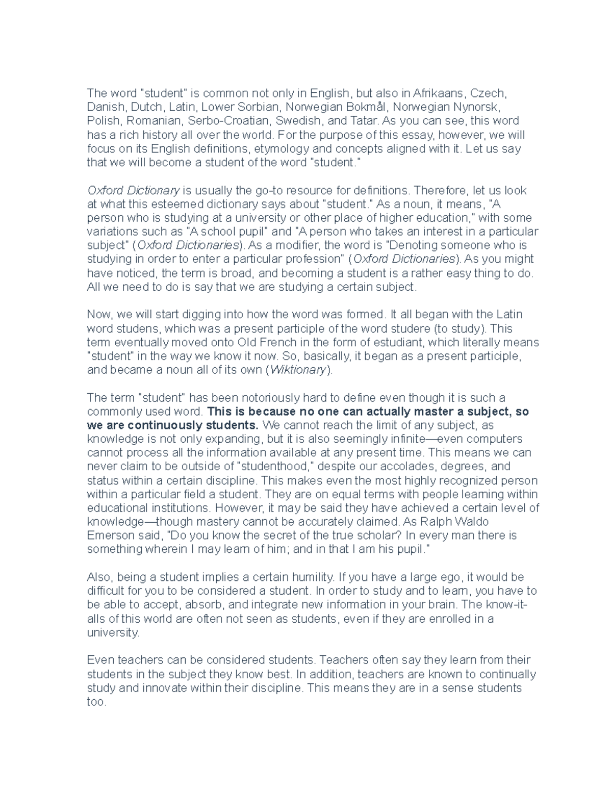 Student - DEFINITION ESSAY - The word “student” is common not only in ...