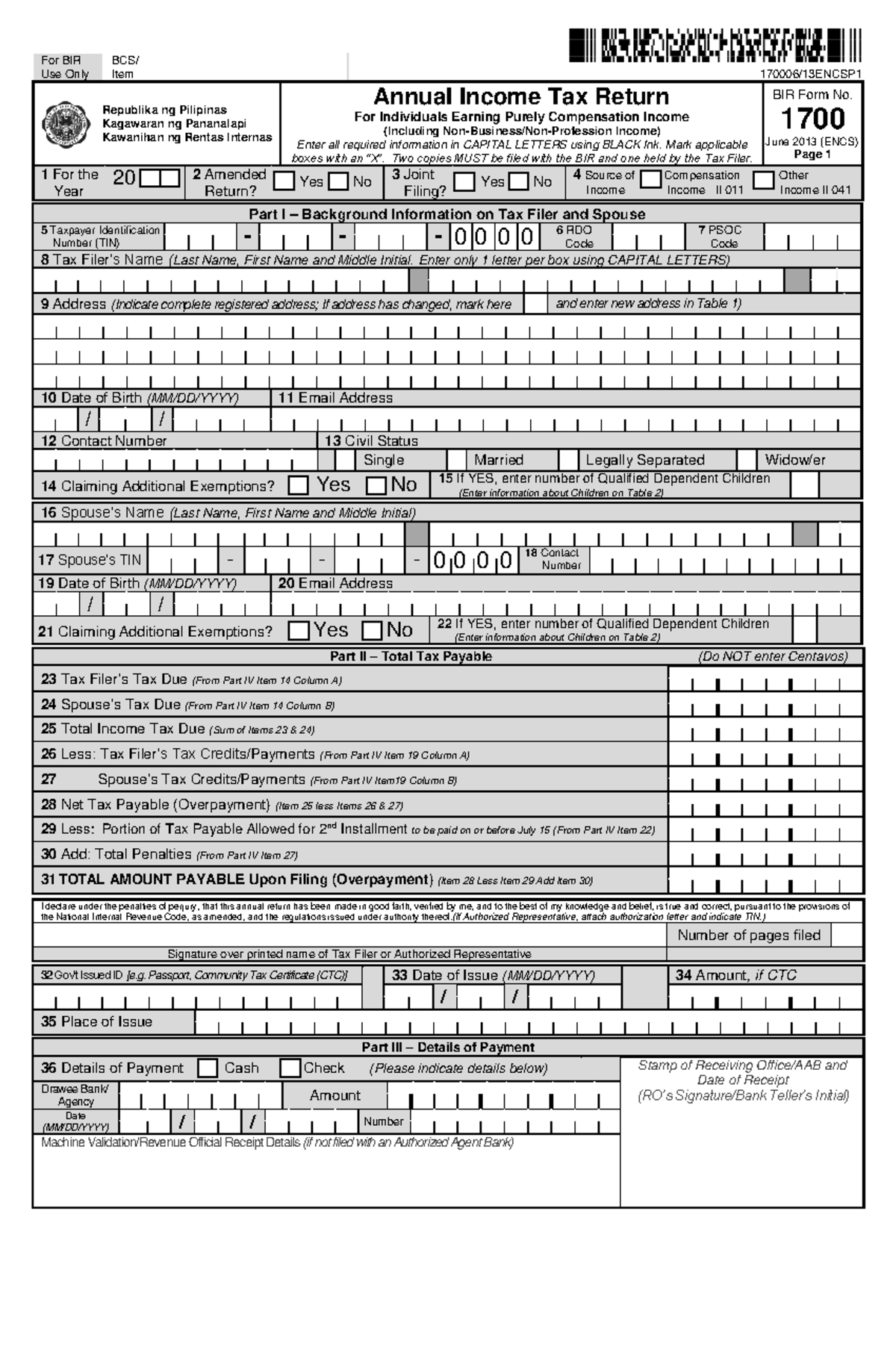 82310 BIR Form 1700 - Bir forms - For BIR Use Only BCS/ Item 170006 ...