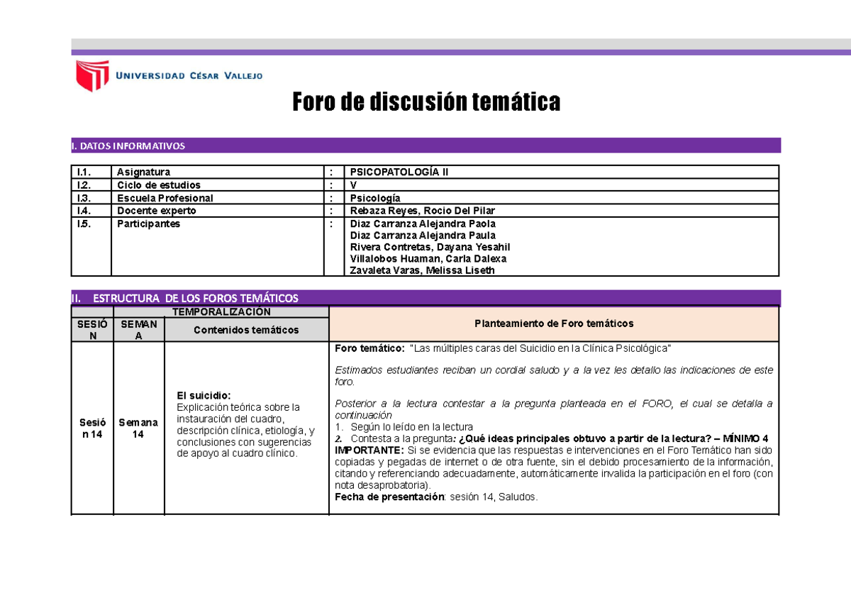 FORO DE Discusion Tematica - Foro de discusión temática I. DATOS ...